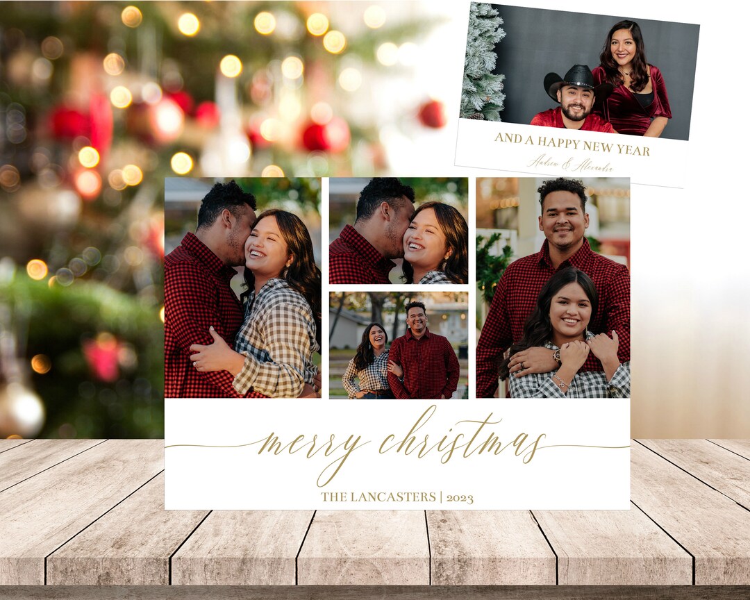 Editable Gold Christmas Card Photo Collage Template, Printable Merry ...