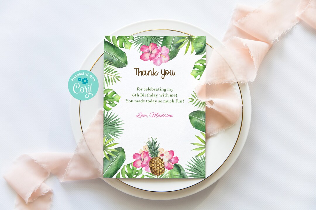 Editable Tropical Thank You Card, Luau Thank You Note, Luau Birthday ...