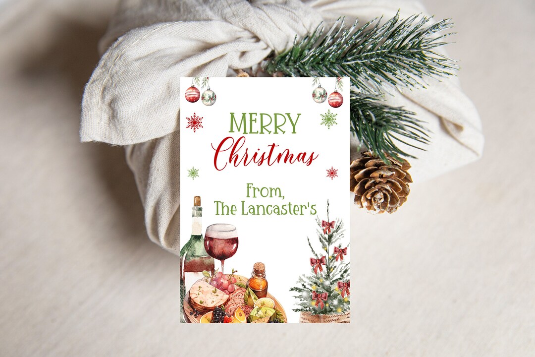 Editable Wine & Cheese Christmas Gift Tag Template, Printable Business ...