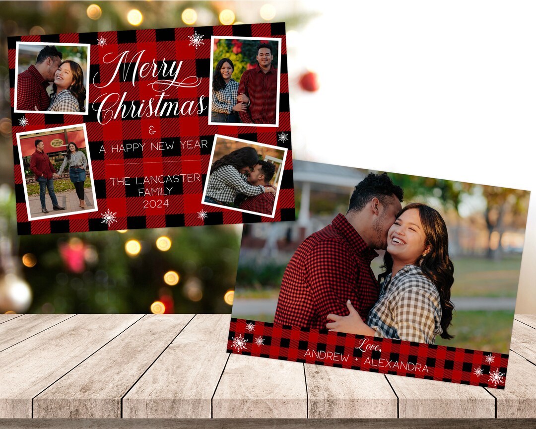 Editable Buffalo Check Christmas Photo Collage Card Template, Printable ...