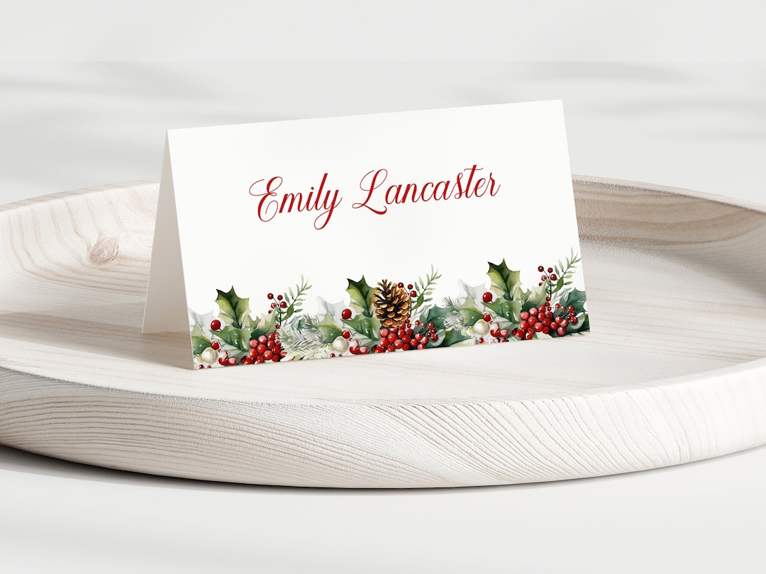 Editable Holly and Pinecones Christmas Party Food & Place Card Template ...