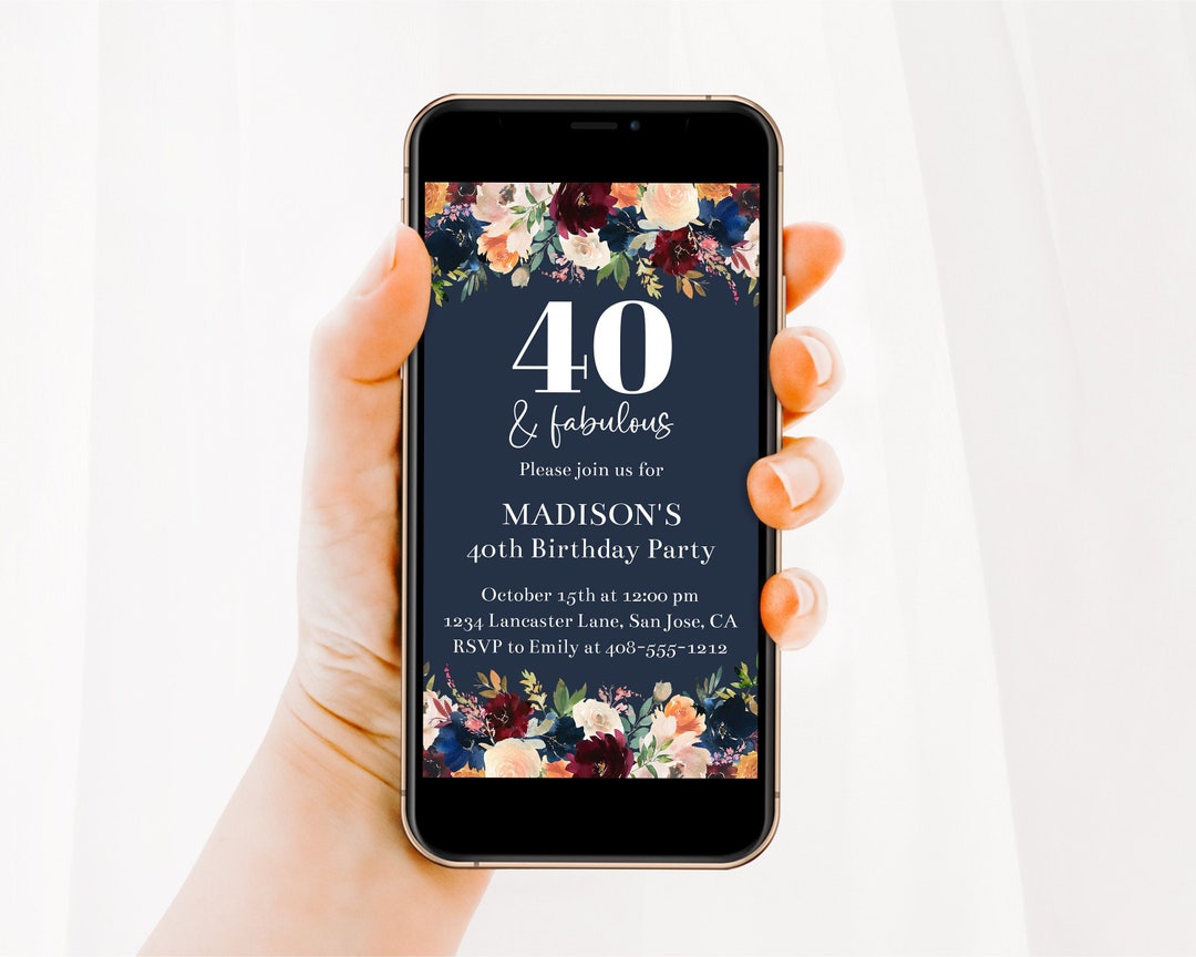 Editable Navy Fall 40th Birthday Electronic Invitation Forty and ...