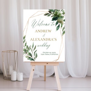 Editable Botanical Greenery Geometric Wedding Welcome Sign Template ...