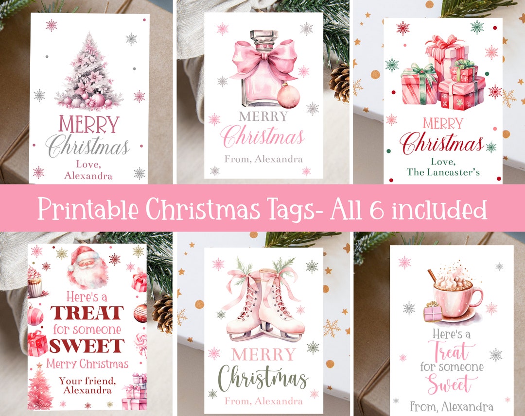 Editable Pink Christmas Gift Tag Bundle Templates, Printable Holiday ...