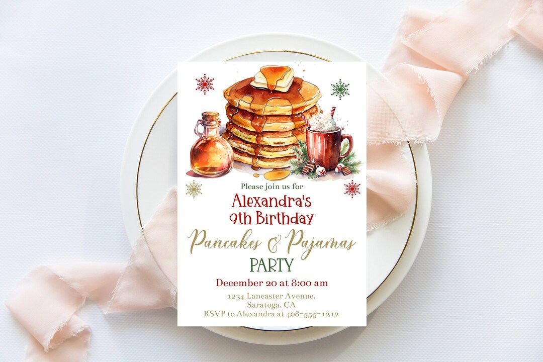 Editable Pancakes And Pajamas Christmas Birthday Invitation Template