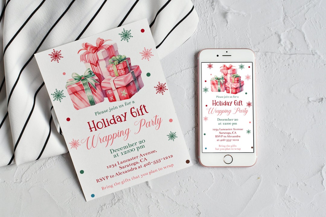 Editable Holiday Gift Wrapping Party Invitation & Evite Template Set ...