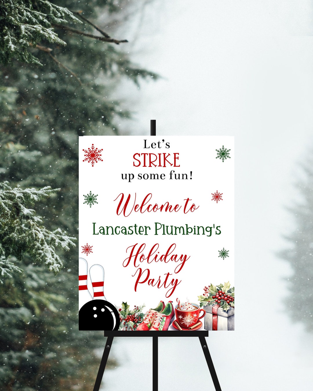 Editable Christmas Holiday Bowling Party Welcome Sign Template ...