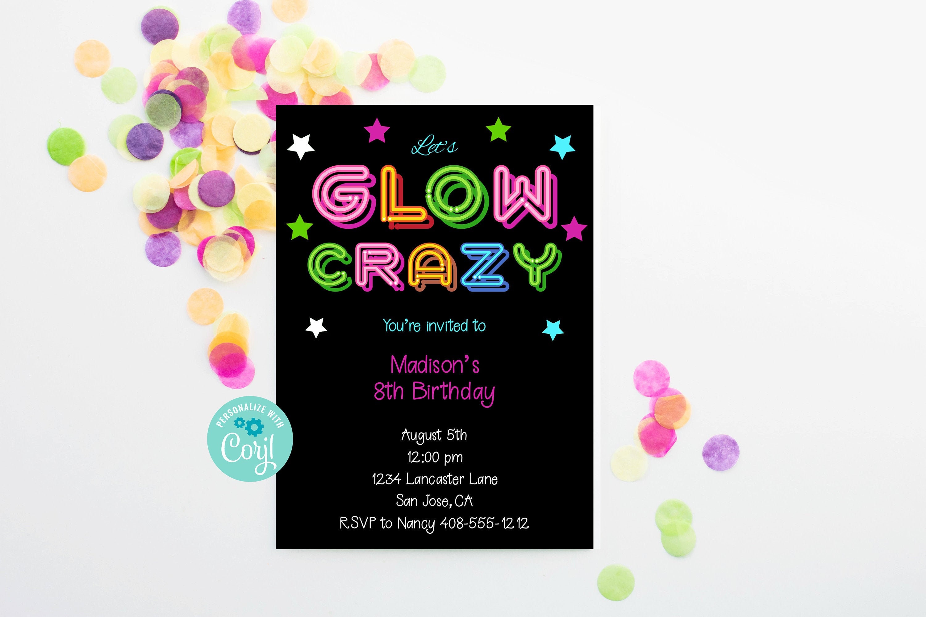 Editable Glow Party Invitation Glow Birthday Party Let's | Etsy