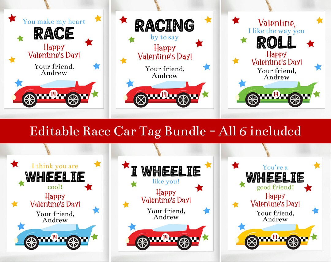Editable Race Car Valentines Cards Bundle Set Templates, Racing ...