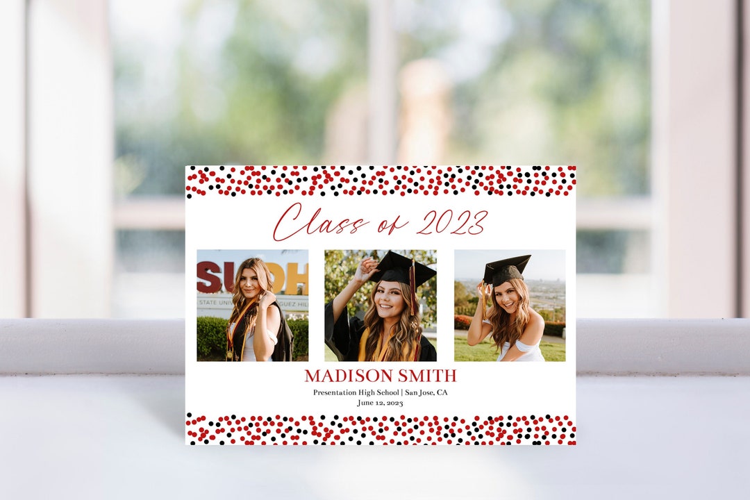 Editable Red and Black Dot Confetti Graduation Announcement, Printable ...