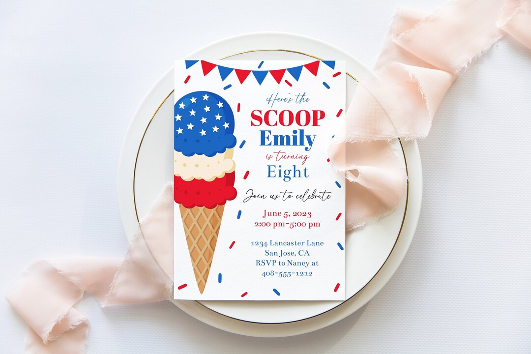 Editable 4th of July Here's the Scoop Ice Cream Birthday Party ...