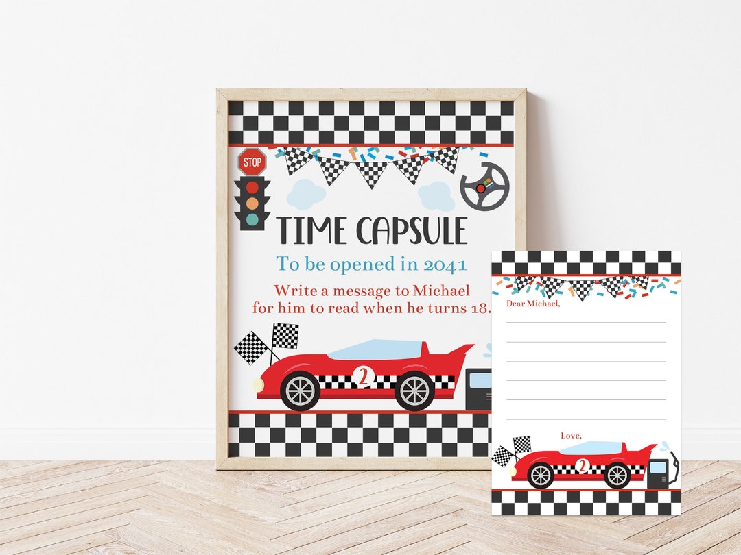 Editable Retro Race Car 1st Birthday Time Capsule Sign and Card ...