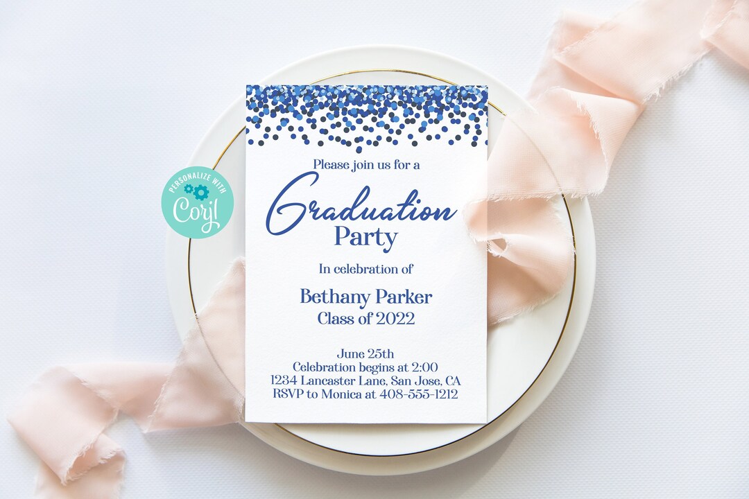 Editable Blue Graduation Party Invitation Template, Grad Announcement ...