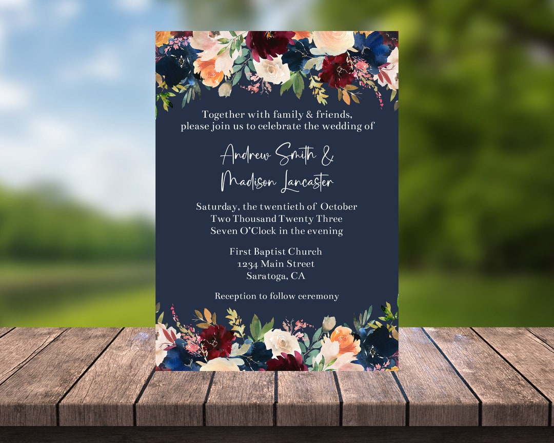 Editable Fall in Love Navy & Burgundy Floral Wedding Invitation ...