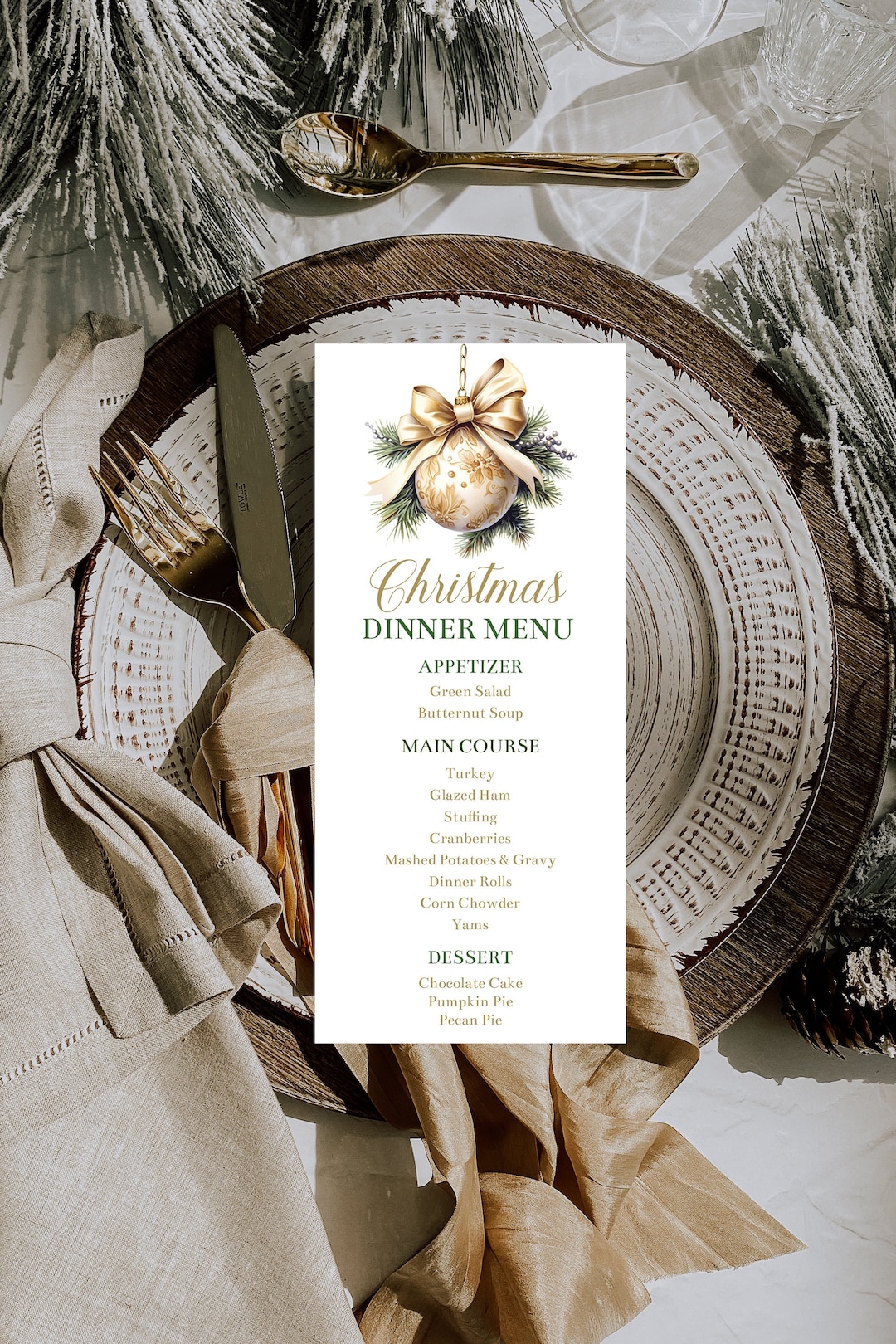 Editable Gold Christmas Ornament Dinner Menu Card Template Printable ...