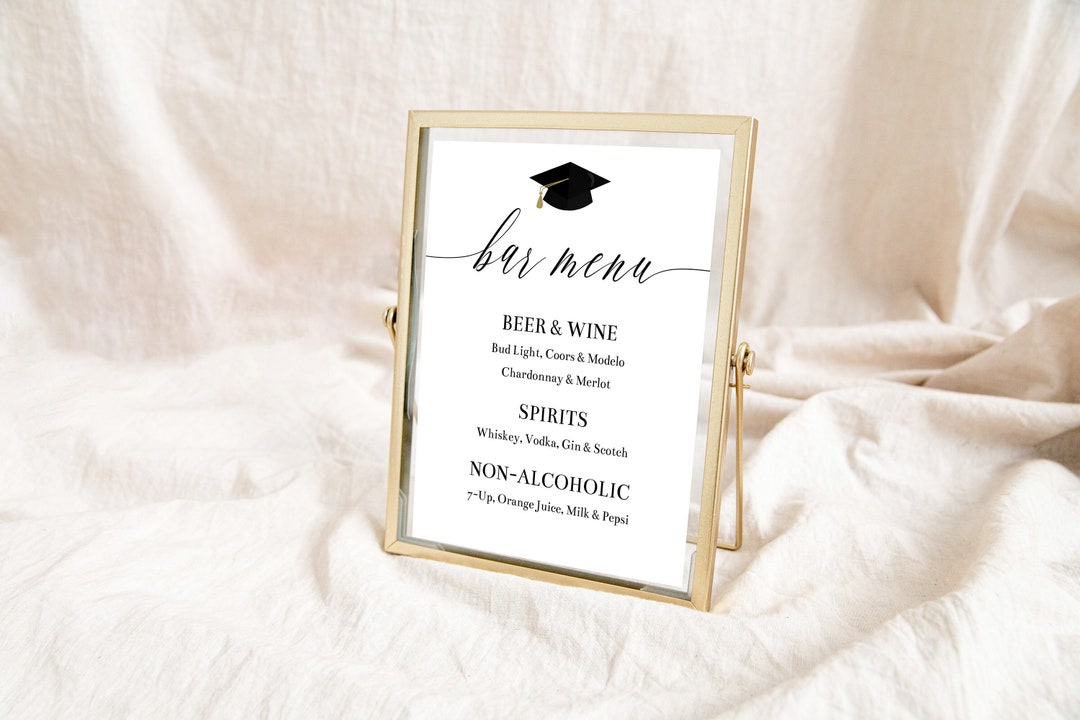 Editable Black and White Graduation Bar Menu Sign Template, Graduation ...