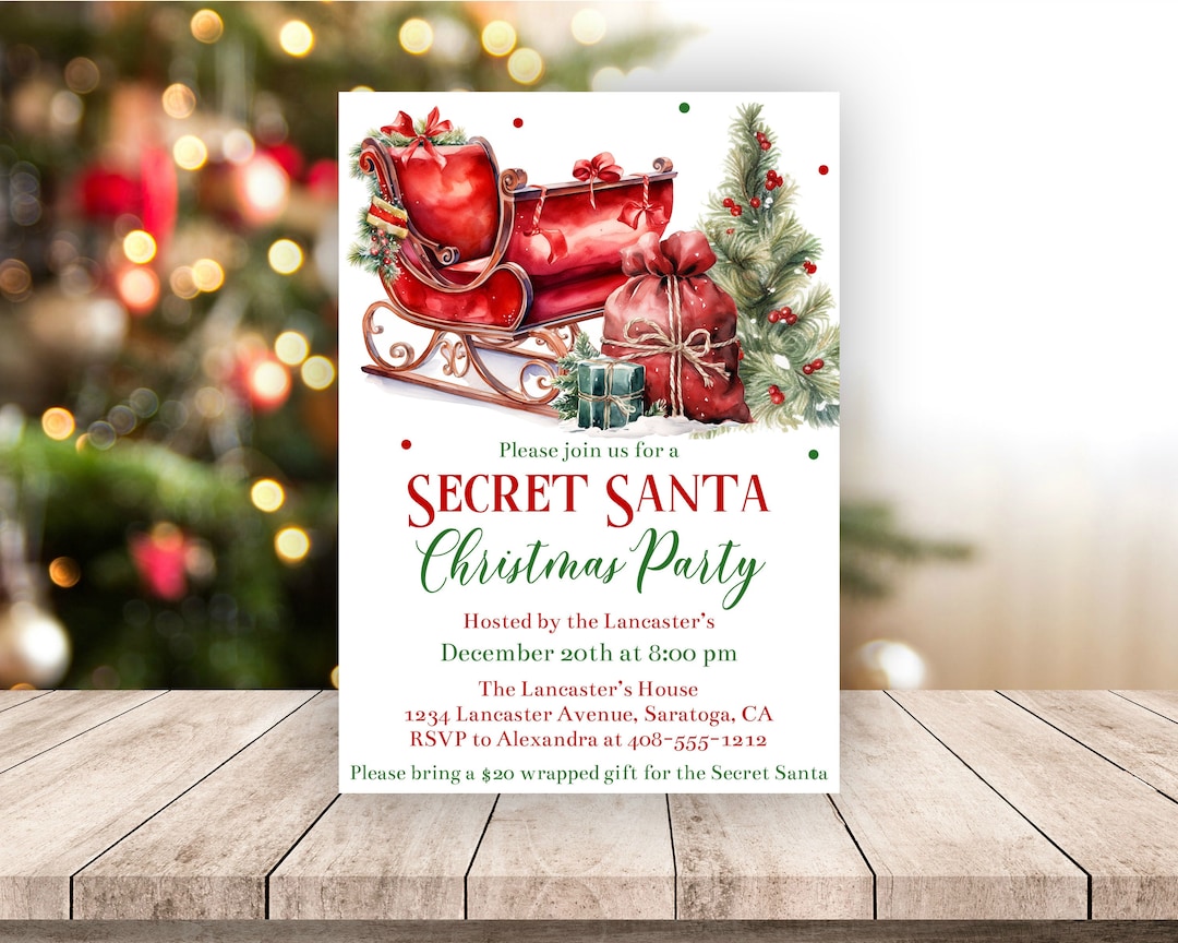Editable Secret Santa Christmas Party Invitation Template, Printable Santa's Sleigh Holiday ...