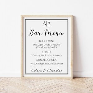 Editable Modern Minimalist Monogram Bar Menu Sign Template Printable ...