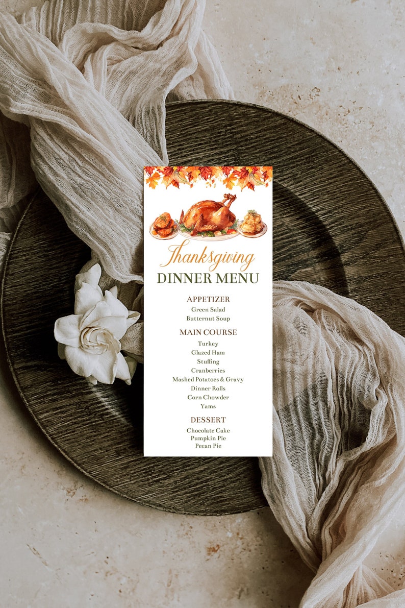 Editable Fall Thanksgiving Dinner Menu Card Template, Printable Holiday ...