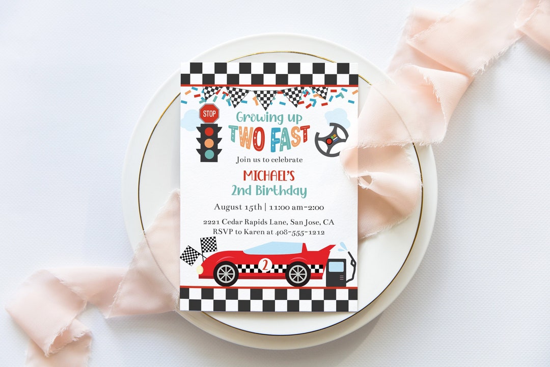 Editable Retro Two Fast Race Car 2nd Birthday Invitation Template ...
