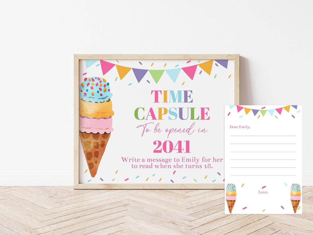Editable Ice Cream 1st Birthday Time Capsule Sign and Card Template ...