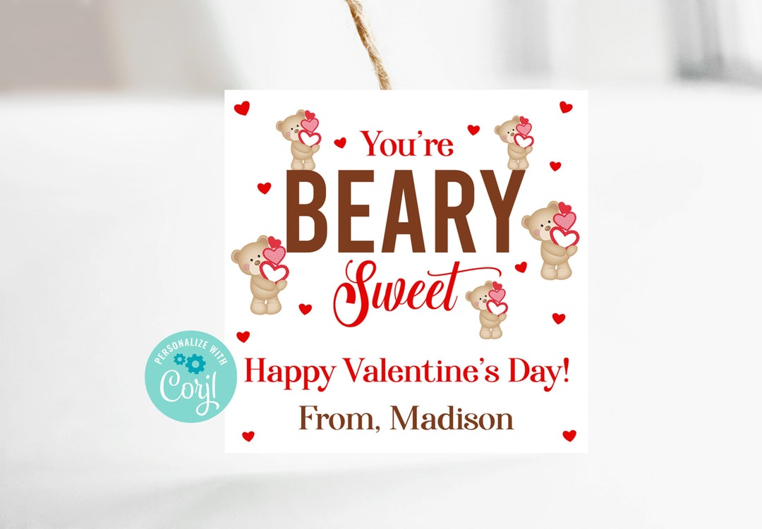 Printable Valentine You're Beary Sweet Tag, Bear Valentines for School ...