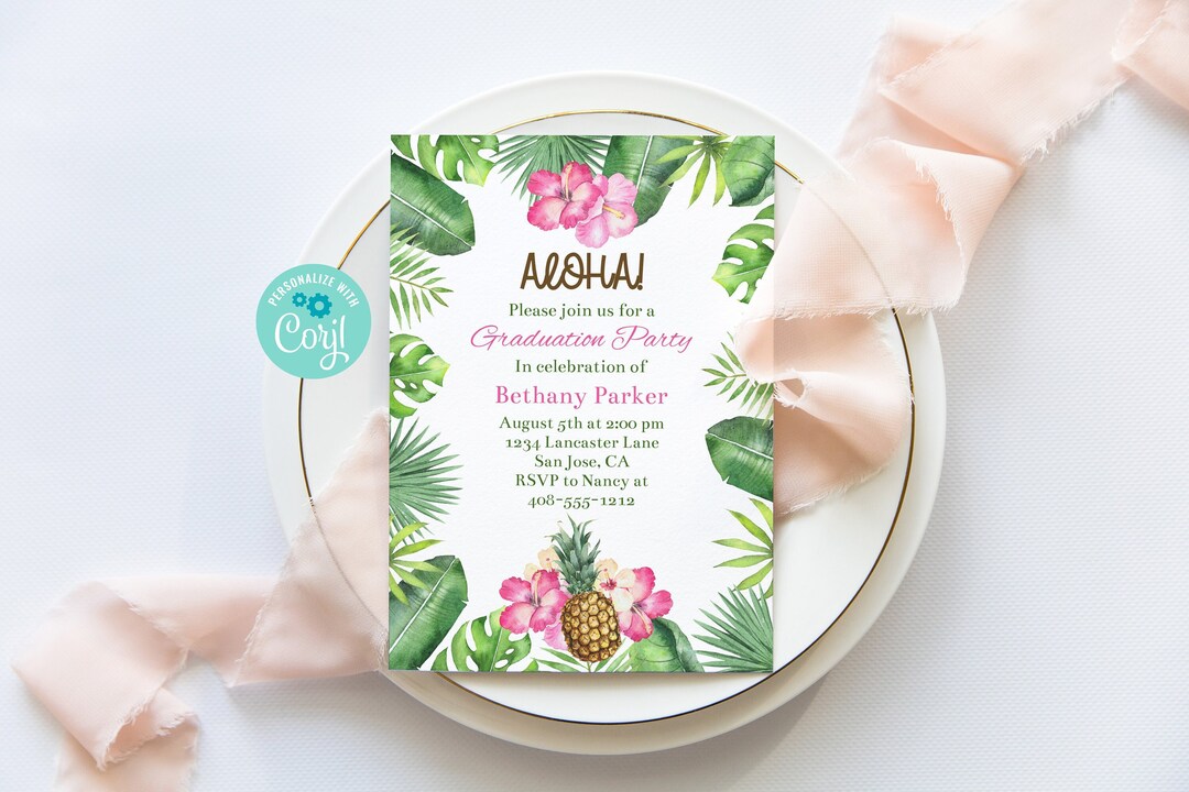 Editable Luau Graduation Party Invitation Template, Aloha Graduation ...