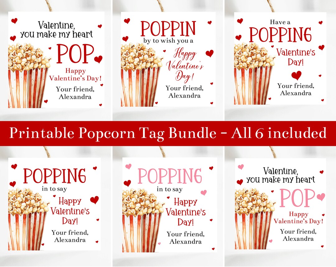Editable Popcorn Valentines Tag Bundle Set Templates Popcorn Valentines ...