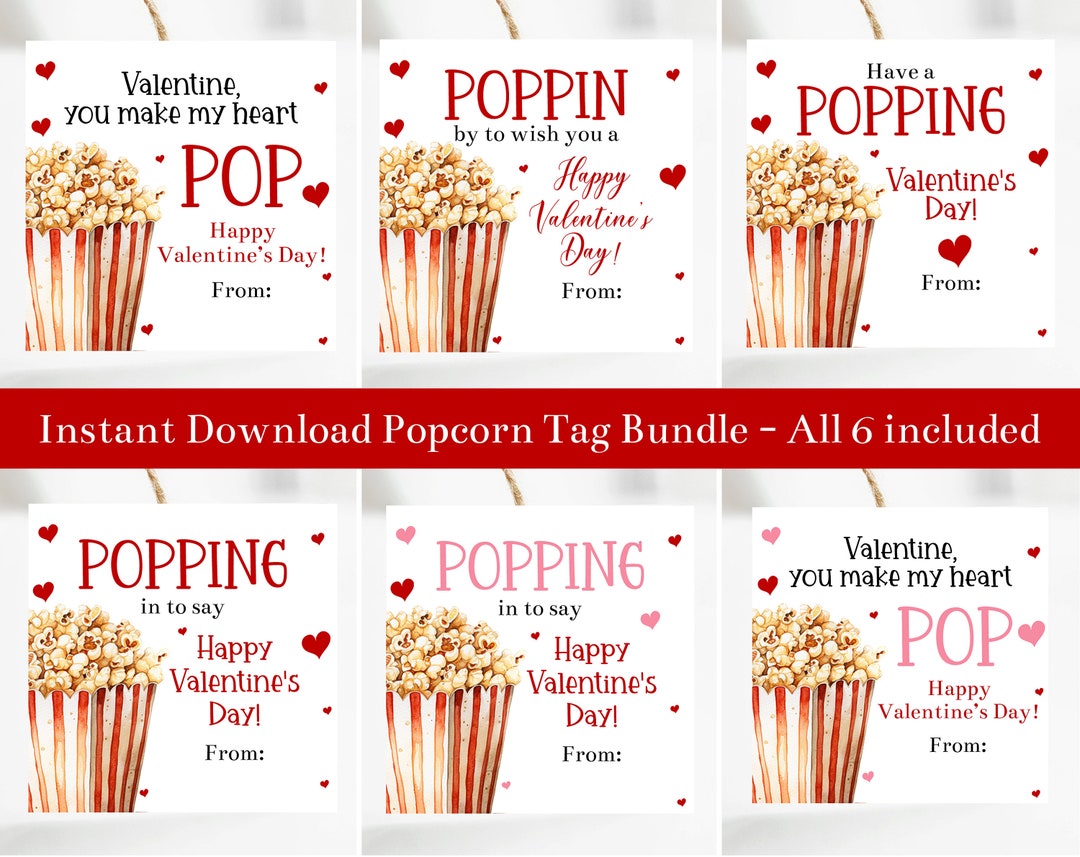 Printable Popcorn Valentines Tag Bundle Set, Popcorn Valentines Cards ...