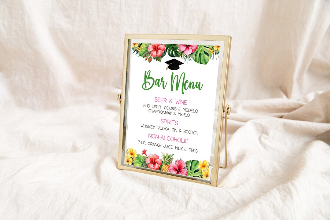 Editable Luau Graduation Bar Menu Sign Template, Printable Tropical ...