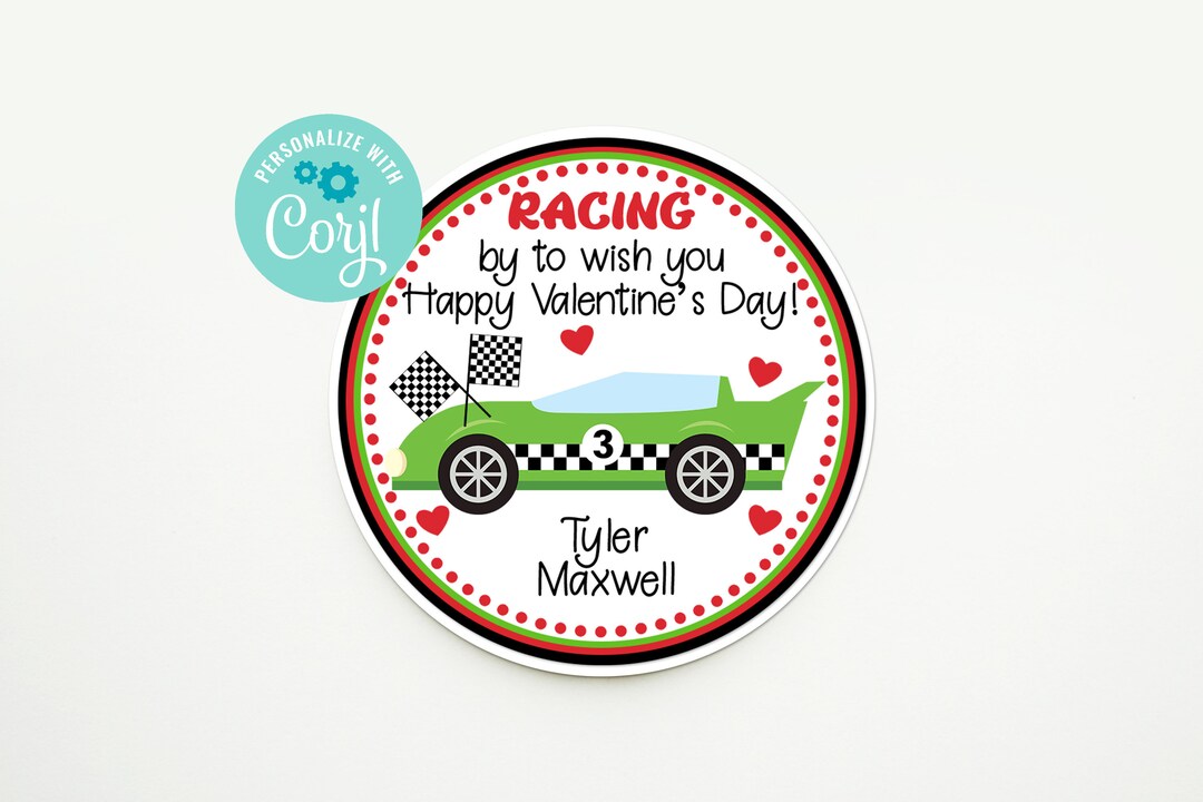 Editable Race Car Valentine Tag, Racing by to Wish You Happy Valentine ...