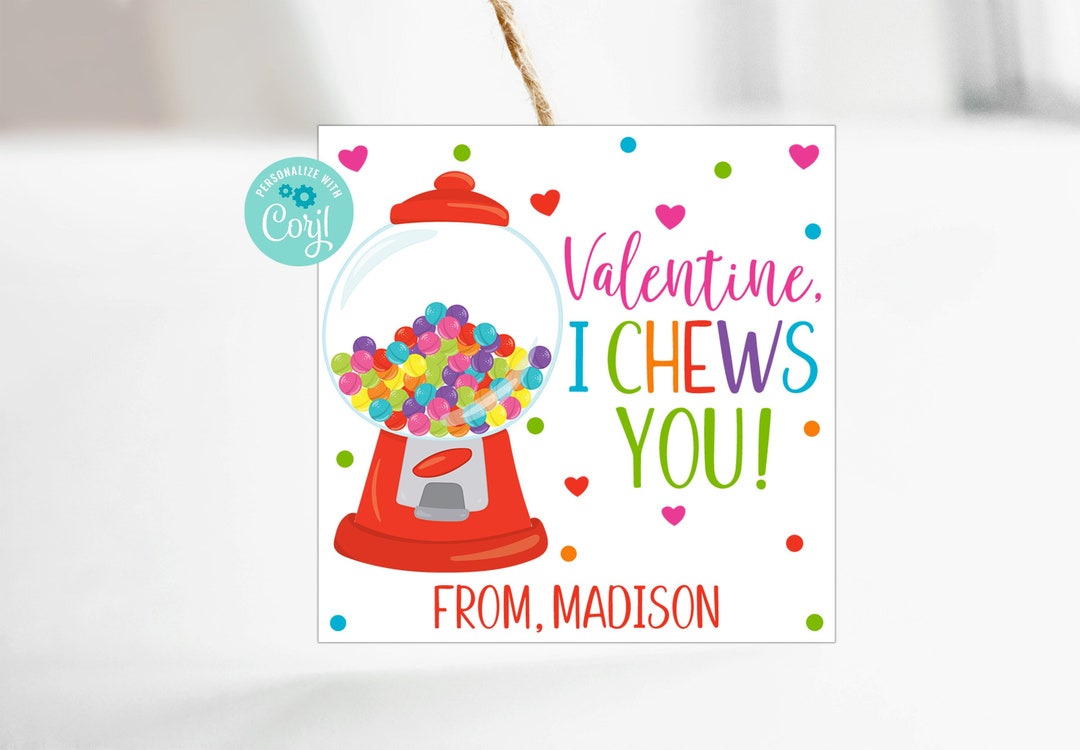 Printable I Chews You Valentine Tag, Editable Bubble Gum Valentines for ...