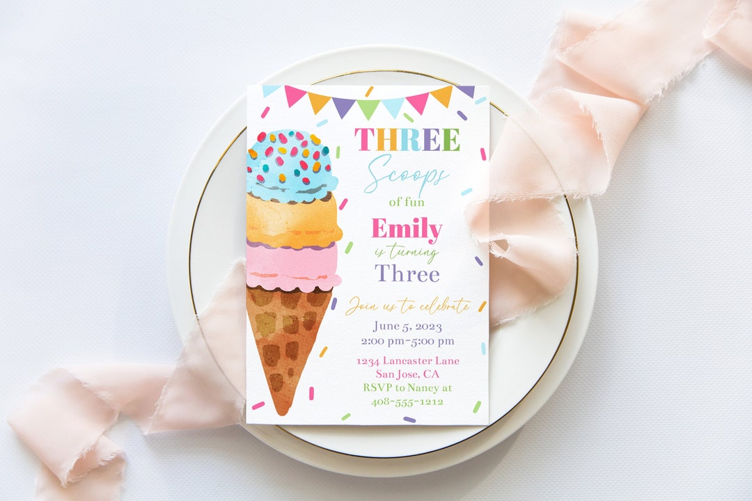 Editable Three Scoops Of Fun 3rd Birthday Ice Cream Invitation Template