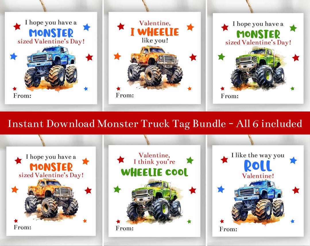 Monster Truck Valentines Cards Bundle Set Wheelie Valentines for Kids ...