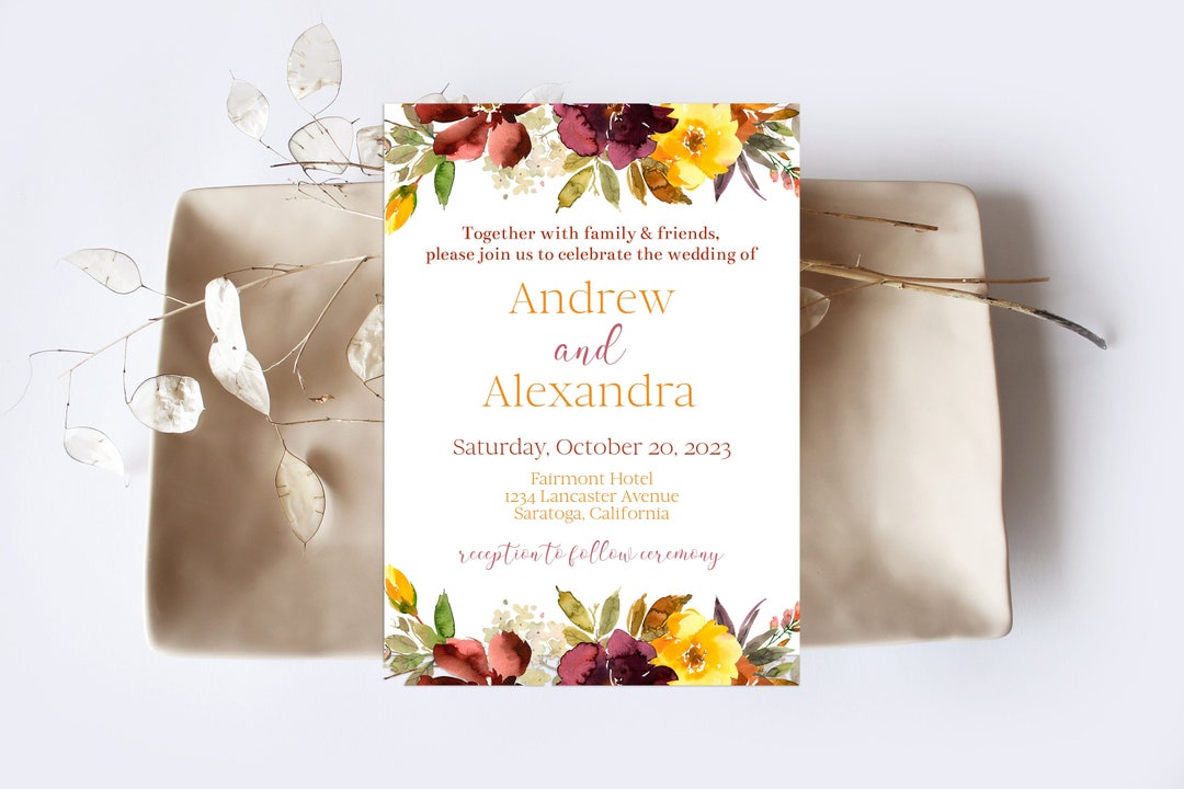 Editable Rust & Yellow Fall Floral Wedding Invitation Template Printable Rustic Floral Wedding ...