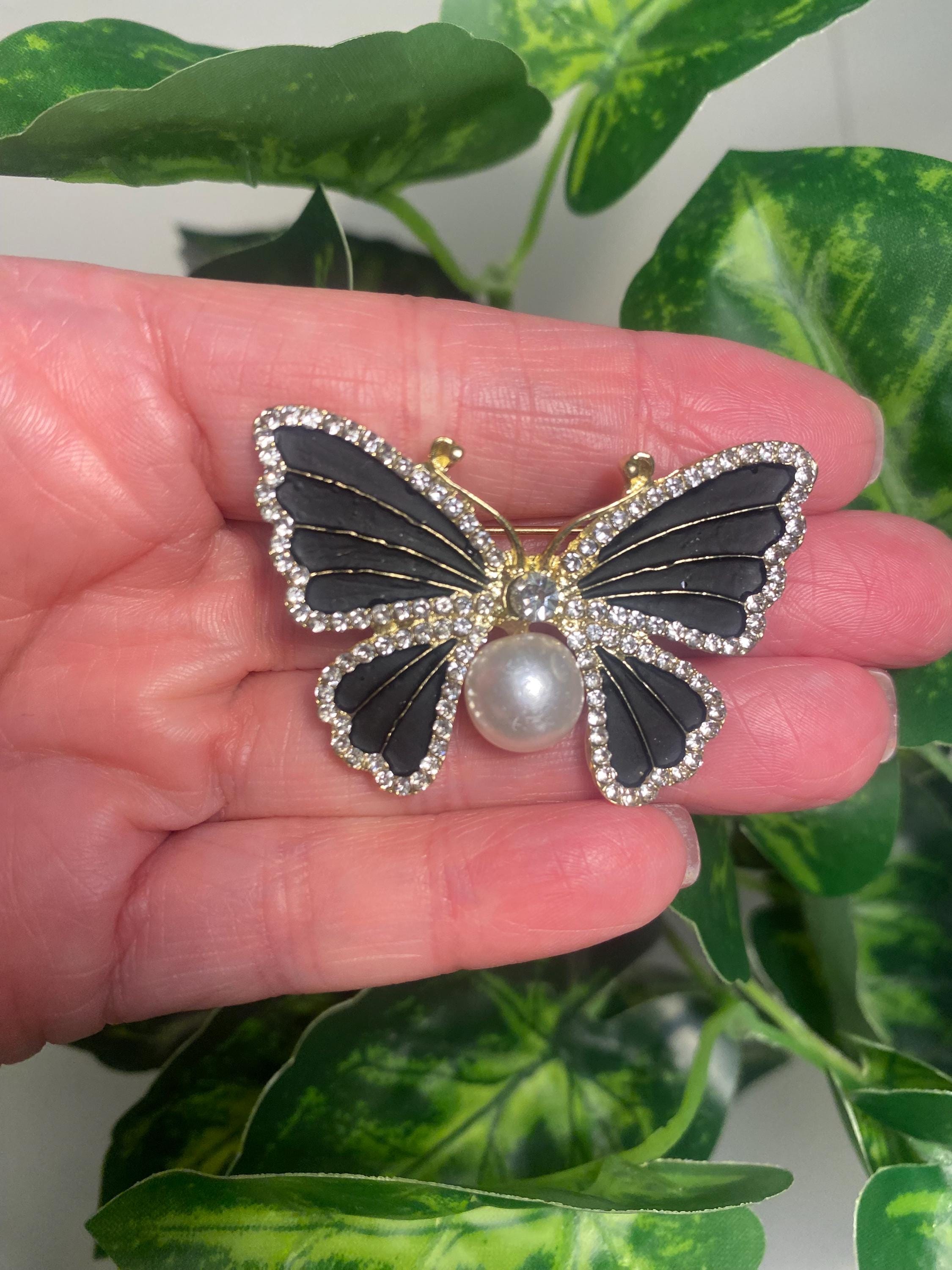 Butterfly Gold Tone Brooch Pin Black Enamel Clear Rhinestones Faux ...
