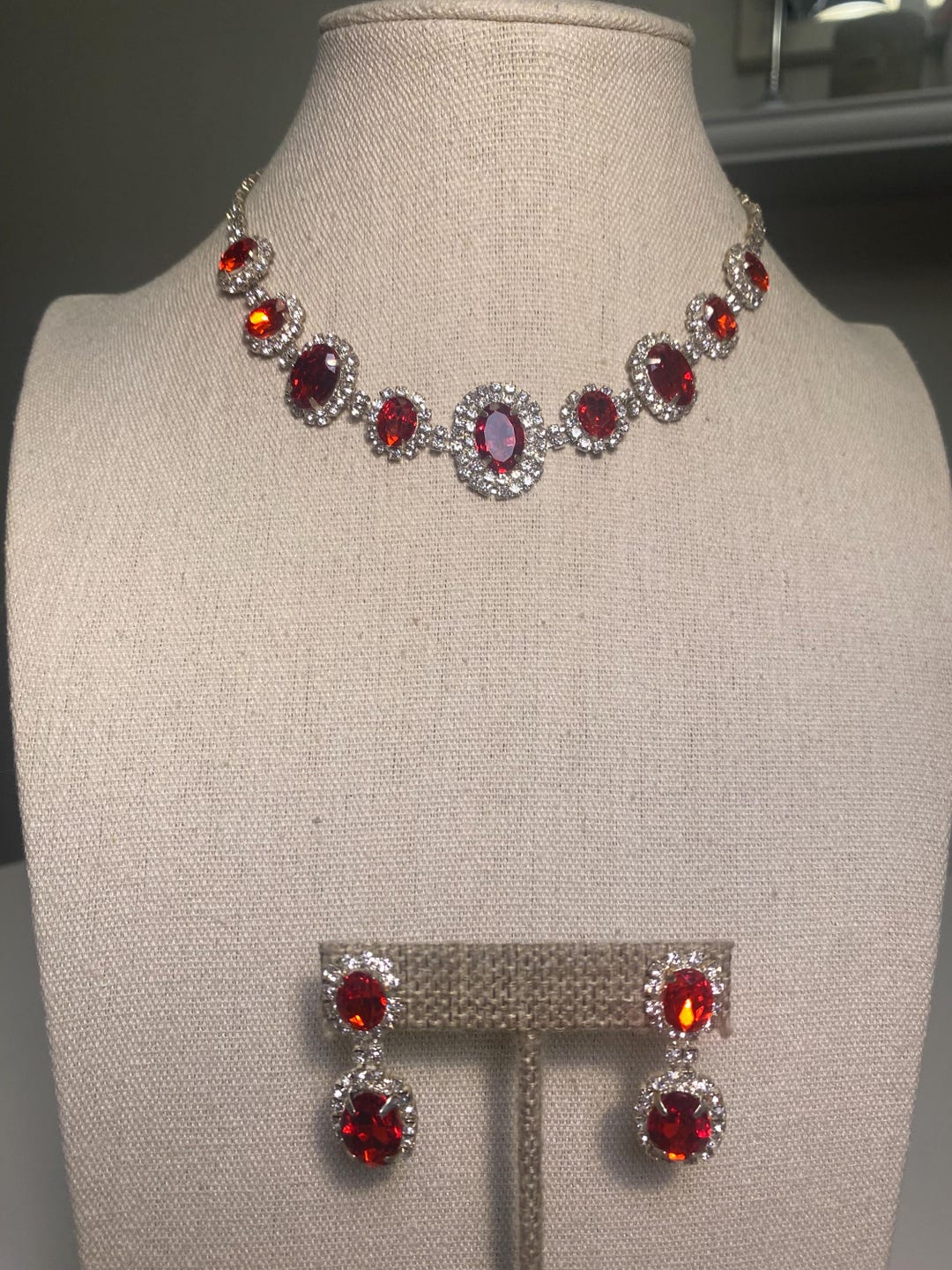 Vintage Formal Jewelry Set Ruby Red and Faux Diamond Rhinestone ...