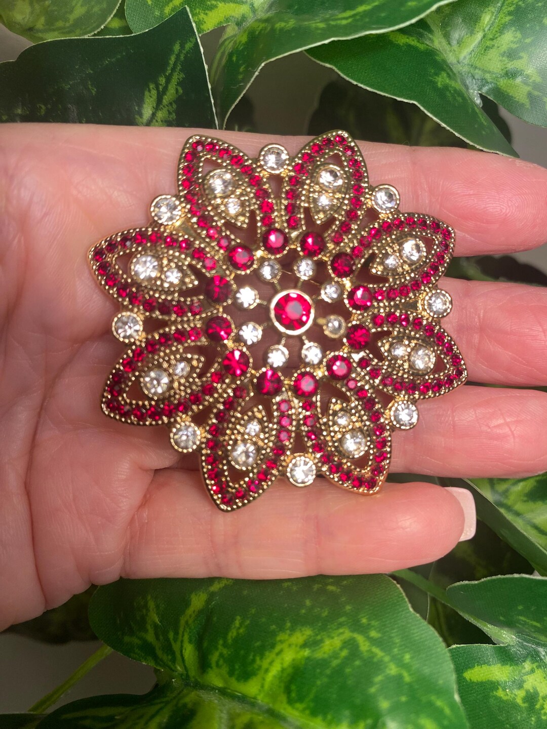 Monet Vintage Gold Plated Flower Brooch Pin Red and Clear Sparkling ...