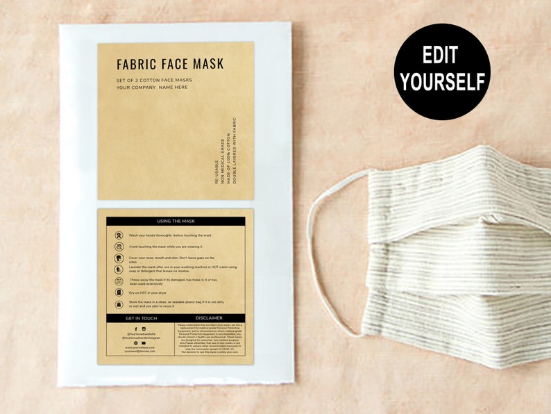 Editable Face Mask Package Label Care Instructions template | Etsy