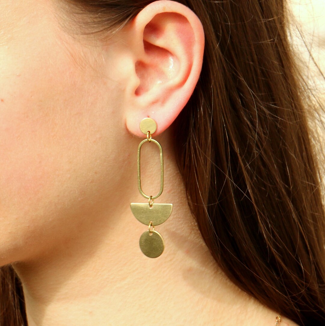 Long Geometric Statement Brass Earrings - Etsy
