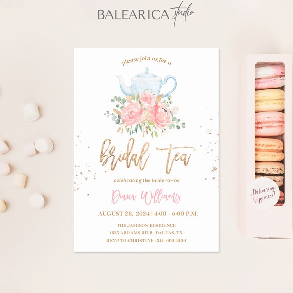 Bridal Shower Tea Party Invitation Template Blush Pink Flower