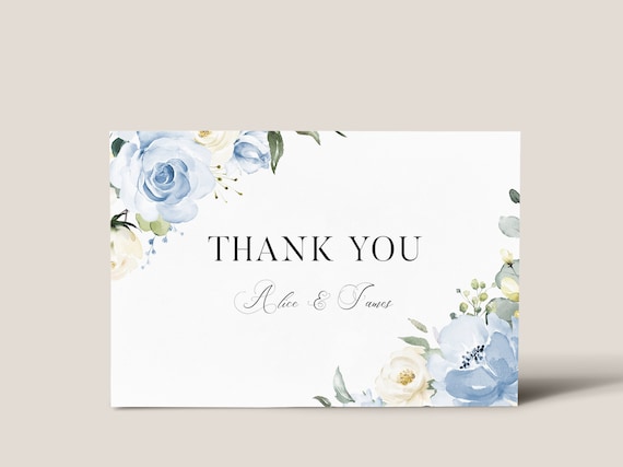 Thank You Card Template - Dusty Blue Wedding Floral Thank You Cards ...