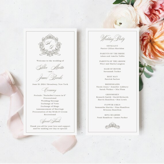 Monogram Wedding Program Editable Template - Church Program Long, Vintage Ceremony Program with ...