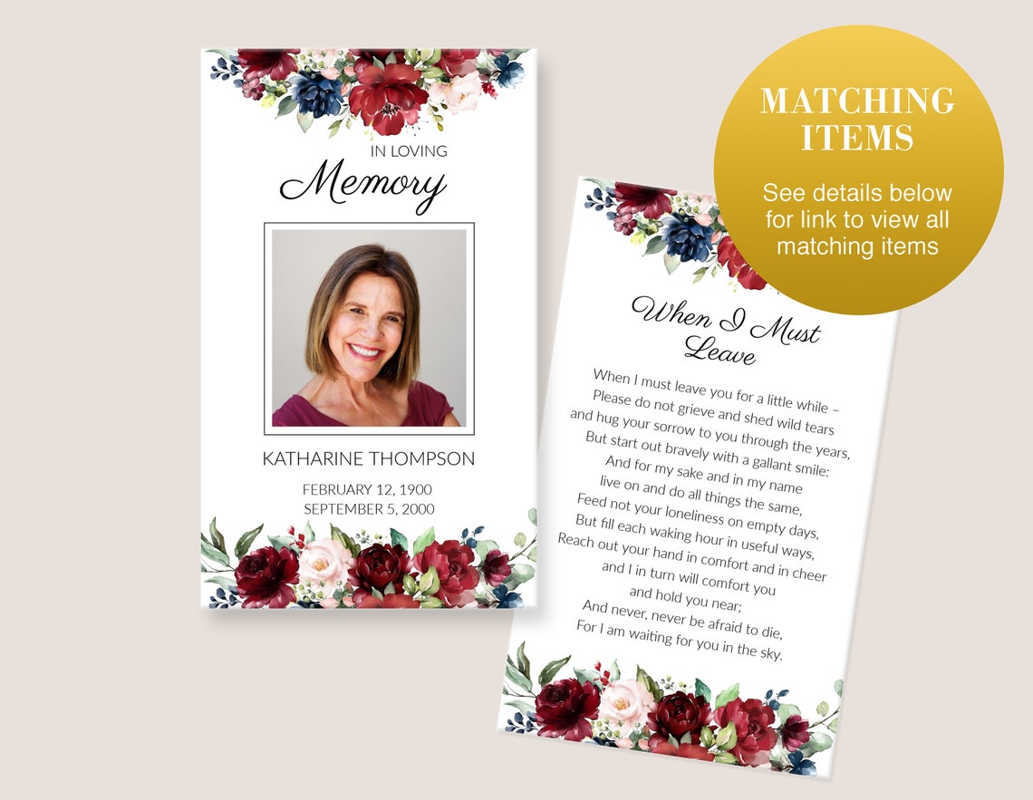 Obituary Template Funeral Memorial Card with Burgundy Red | Etsy