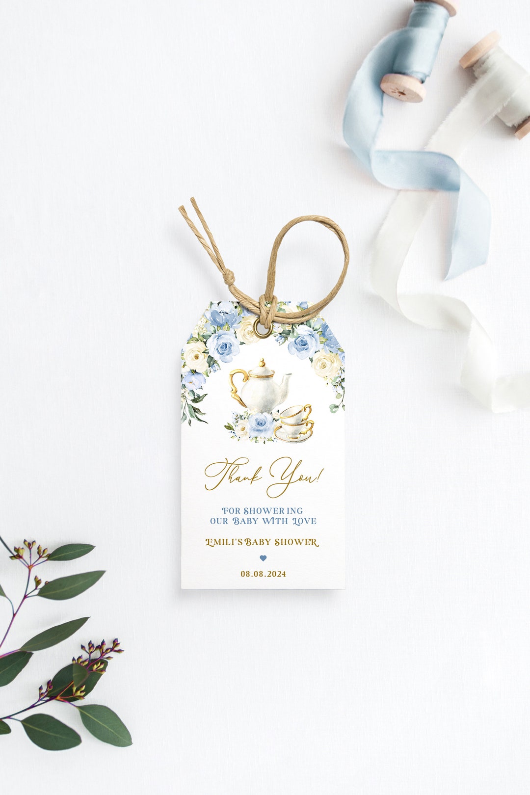 Dusty Blue Baby Shower Tea Party Gift Tag Template It's a Boy, Slate ...