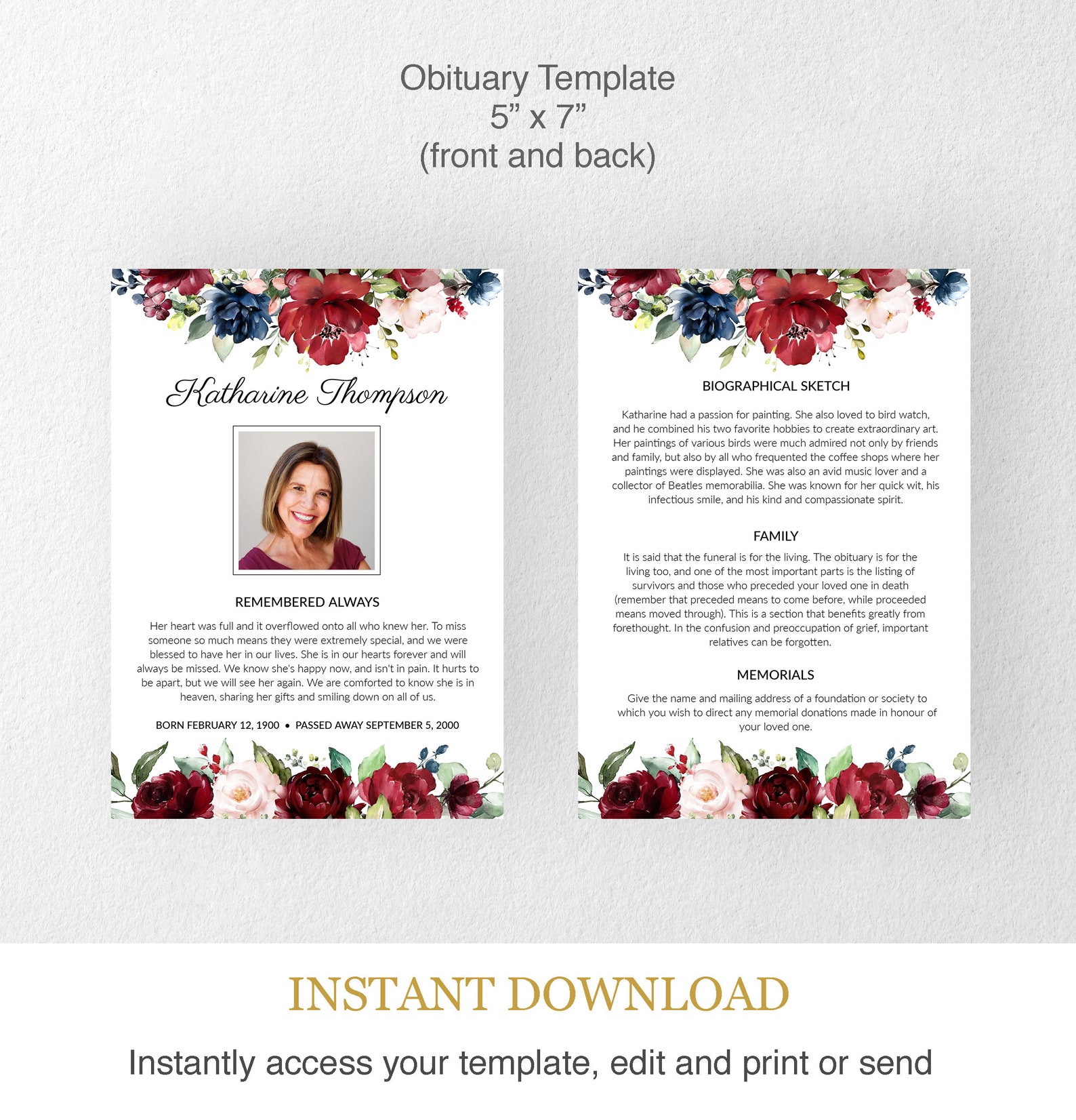 Obituary Template Funeral Memorial Card with Burgundy Red | Etsy