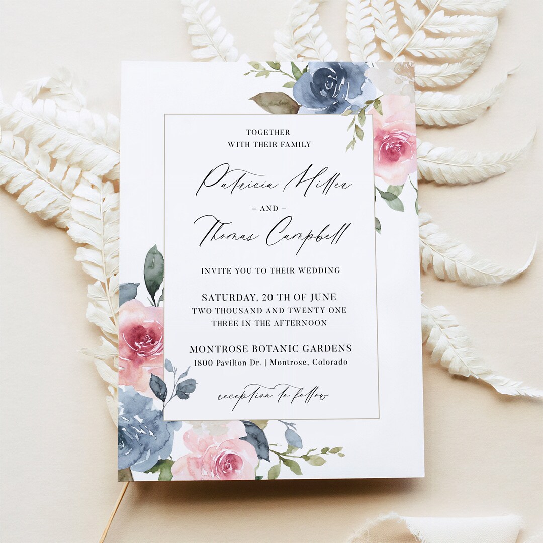 Ethereal Watercolor Wedding Invitation Template Dusty Blue and Blush ...