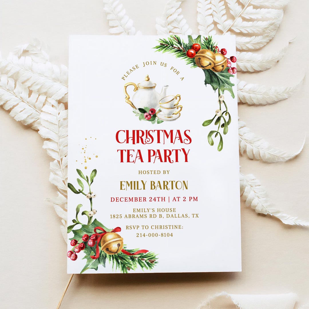 Christmas Tea Party Invitation Template With Bells, Mistletoe and Holly ...