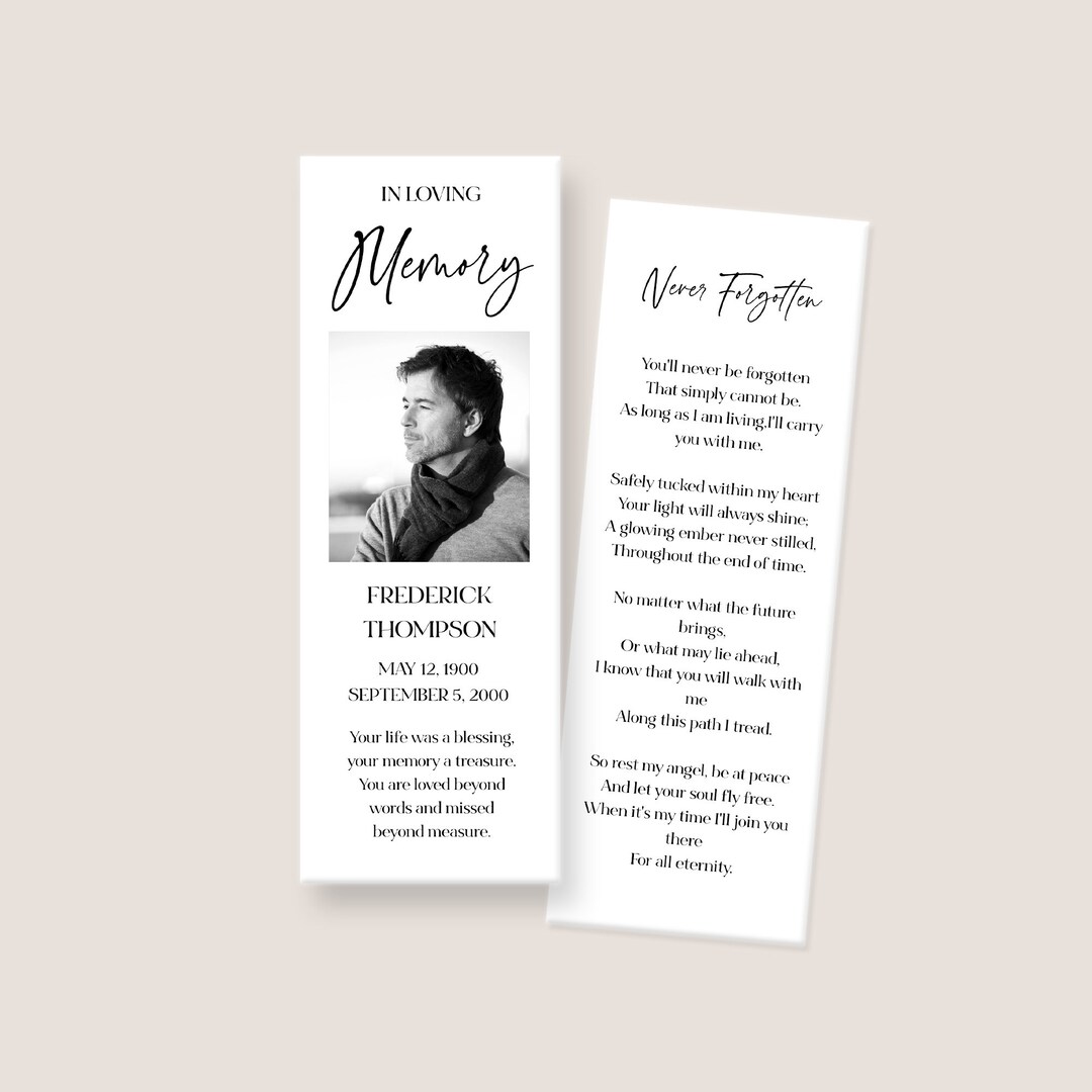 Simple Funeral Bookmark Template Minimalist Memorial Bookmark With ...