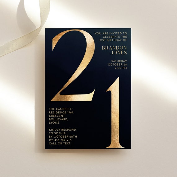 21st Birthday Invitation Template - Printable Black & Gold Simple ...